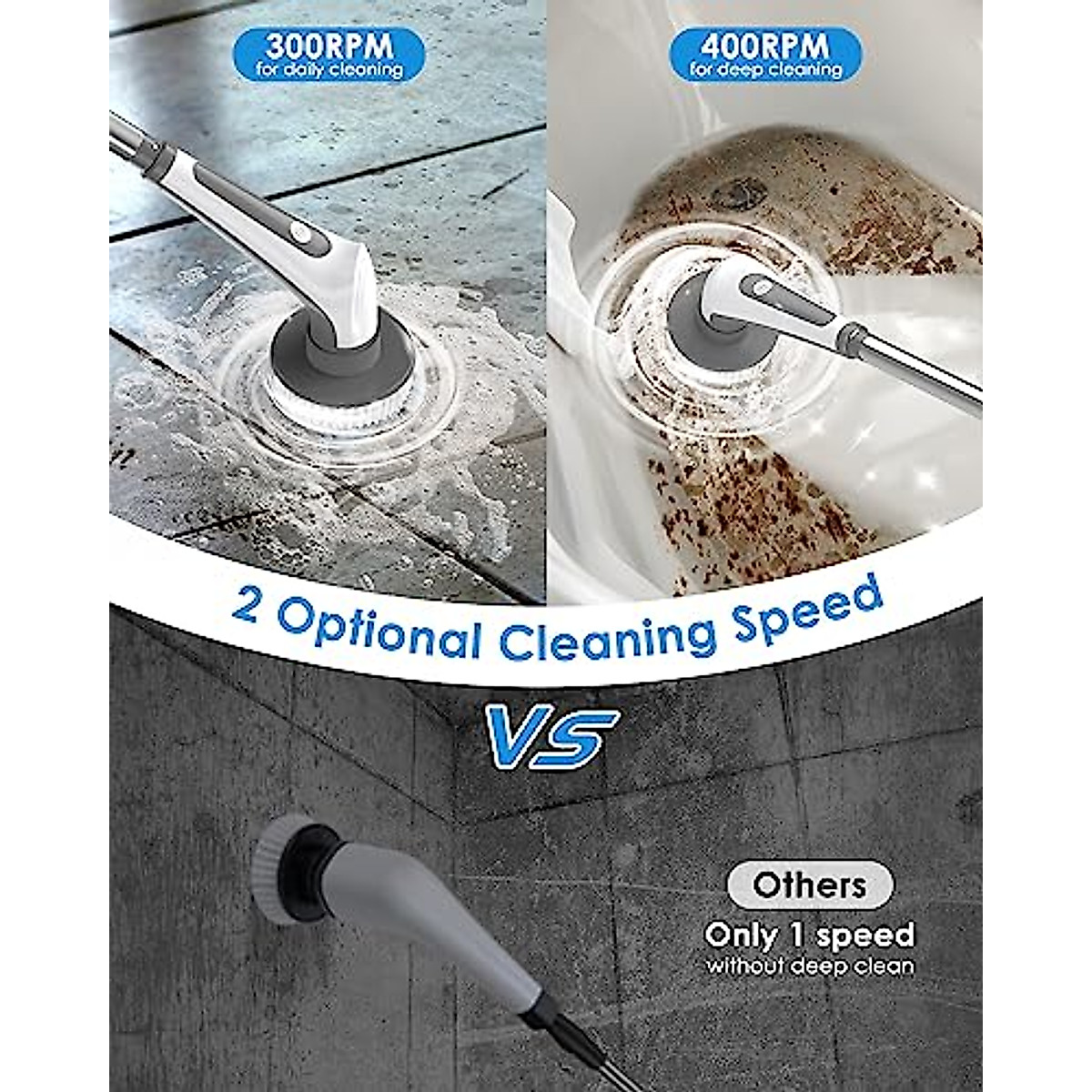 Electric Spin Scrubber, 10 in 1 Airpher Cordless Cleaning Brush IPX8 with 9 Replaceable Brush Heads and 4 Tier Removable Handle, Power Shower Scrubber for Bathroom, Tub, Tile, Floor, Kitchen, Window