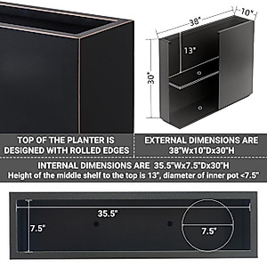 Wallowa Metallic Heavy Planter for Outdoor Plants, 38Lx10Wx30H Inches Tall and Long Metal Divider Planter Box with Hand Brushed Gold Edge for Outside & Indoor, 66 Pounds (Black)