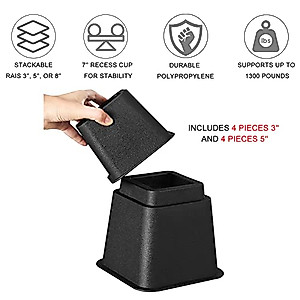 ASIYUN Adjustable Bed Furniture Risers, Stackable Bed Lift in Heights of 4, 6, or 9 Inches, Heavy Duty Furniture Leg Extenders for Home - Supports Up to 1,300 lbs(8-Piece Set)