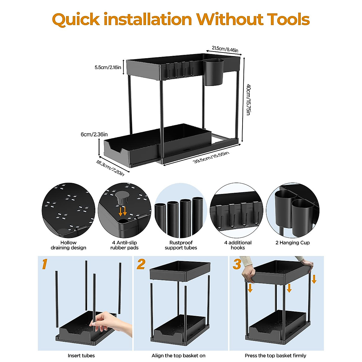 Stackable Under Sink Organizers and Storage - DILEASIR Upgraded 12in Heightened Sticks 2 Tier Under Sink Organizer with 4 Hanging Cups, 8 Dust Plugs, 8 Hooks, Multi-function Storage, Black, 2 Pack