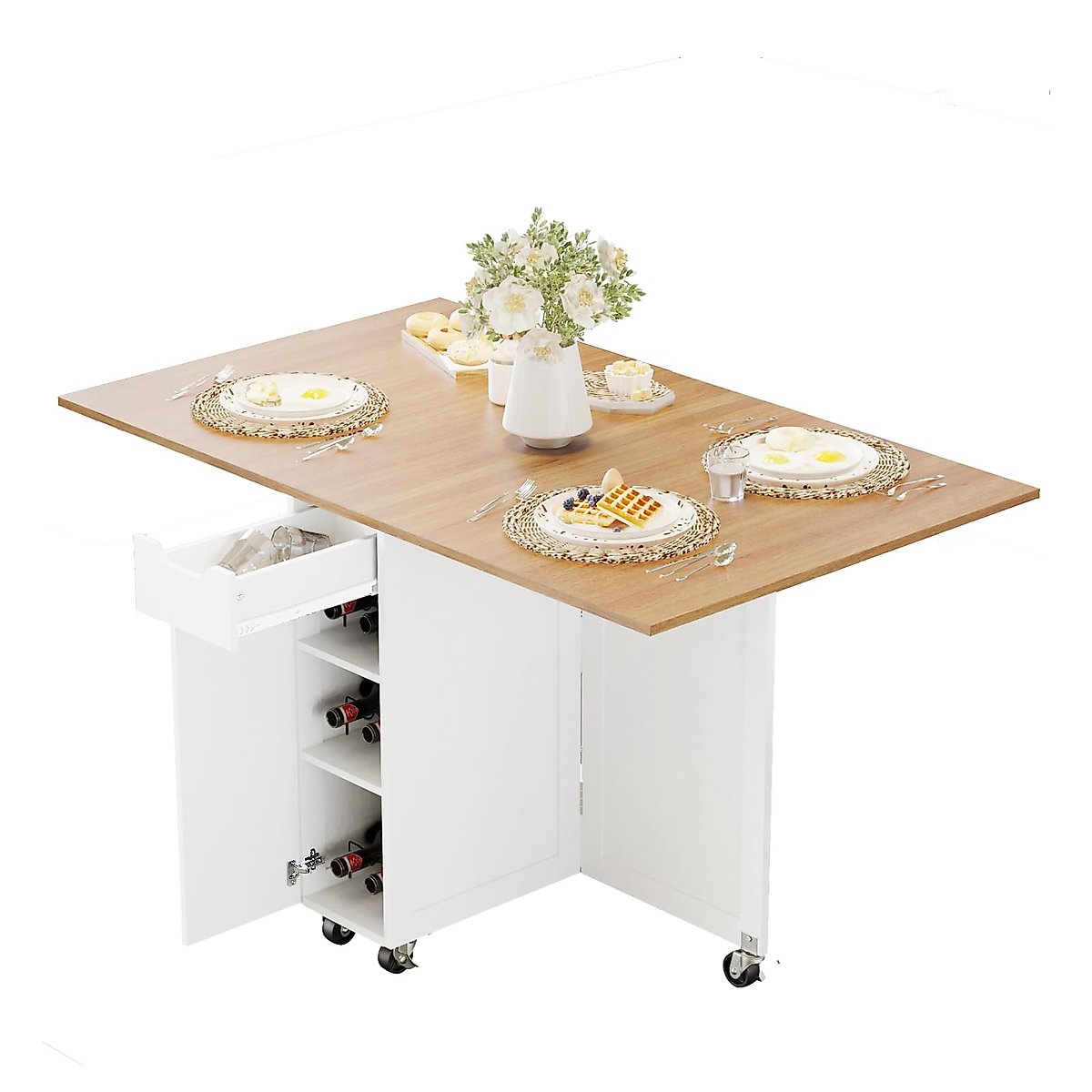 Folding Dining Table, Dinner Table with Drawer and Storage and Shelves, Space Saving Dining Table with 6 Wheels, Kitchen Table for Small Spaces (Light Brown)