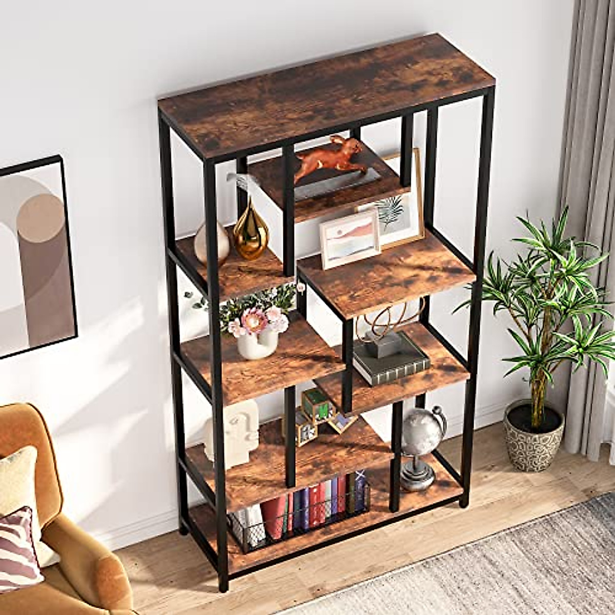 LITTLE TREE 70.8 Inches Tall Bookshelf, Industrial Bookcase for Home Office, Rustic Brown 8-Shelves Wood and Metal Frame Display Shelf Open Storage Organizer Shelves