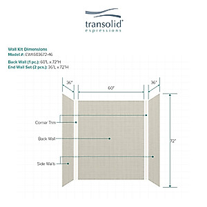 Transolid EWK603672-46 Expressions 3-Panel Shower Wall Kit, 36-in L x 60-in W x 72-in H, Cameo