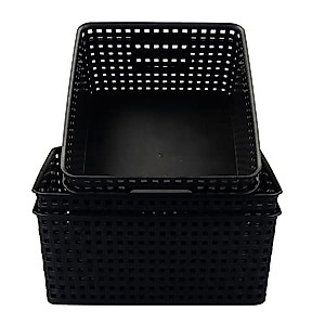 Obstnny Plastic Pantry Storage Basket, Organzing Basket Bin, Black, 4 Pack