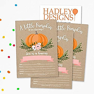 25 Pumpkin Pink Baby Shower Invitations, Sprinkle Invite For Girl, Coed Rustic Gender Reveal Theme, Cute Kraft Floral DIY Fill or Write In Blank Printable Card, Greenery Blush Rose Party Supplies
