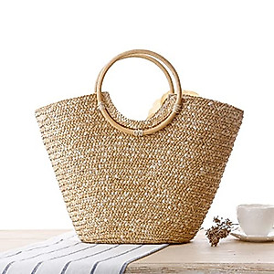 HBJE Beach Bags Women Totes Bags Handmade Knitting Large Straw Ladies Handbags Summer Flowers Rattan Woven Bag Purses,Beige