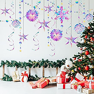 37 Pieces Home Iridescent Holographic Iridescent Party Supplies Kit Christmas Snowflake Hanging Honeycomb Ball Decorative Christmas Party Paper Fan Snowflake Garlands Star Hanging Swirl for Disco