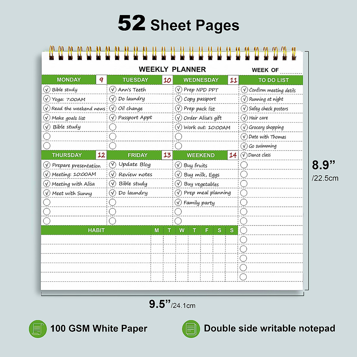 Spiral Weekly Planner with Habit Trackers, 8.7" X 9.5", 2 Pack Weekly To Do List Notepad with Calendar, 52 Sheets Tear Off Note Pad, Work and Personal Organizer