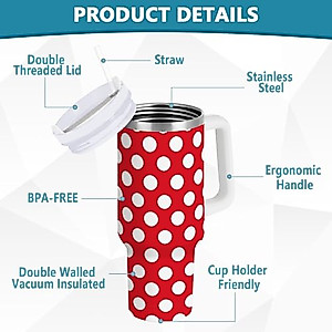 MCHIVER Red Polka Dots Tumbler with Lid and Straw 40 oz Insulated Water Bottle Leakproof Travel Mug Cup for Coffee Water Tea