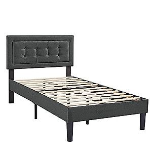 VECELO Twin Size Upholstered Bed Frame with Height Adjustable Fabric Headboard, Heavy-Duty Platform Bedframe/Mattress Foundation/Strong Wood Slat Support/No Box Spring Needed, Grey