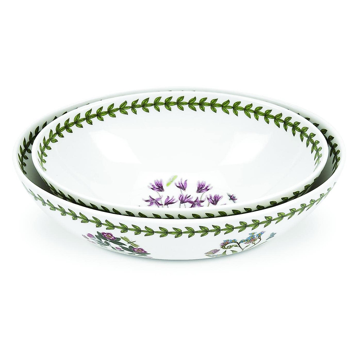 Portmeirion Botanic Garden Set of 2 Oval Nesting Bowls | 8 & 9 Inch Nesting Bowls with Cyclamen and Daisy Motifs | Made from Porcelain | Microwave and Dishwasher Safe
