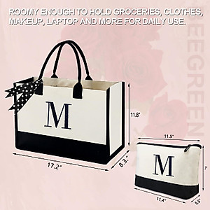 BeeGreen Initial Canvas Tote Bag with Makeup Bag Monogram Tote Bags for Women w Removable Bottom Personalized Gifts for Friends Birthday Teacher Mother Hostess Wedding Bridesmaid Letter M