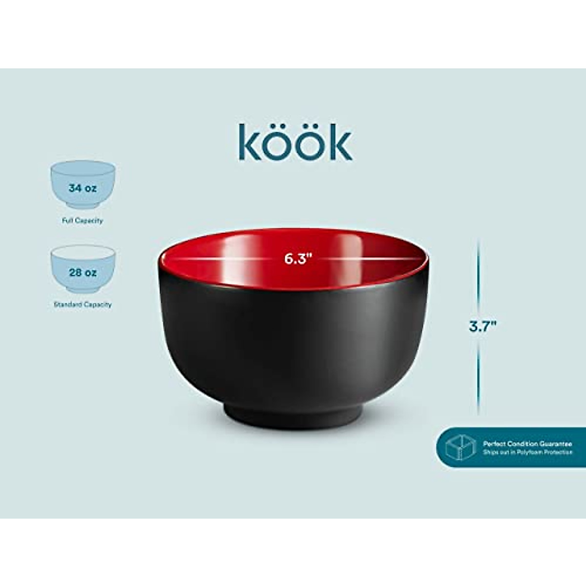 KooK Ceramic Japanese Noodle Bowl Set, Large Capacity, For Ramen, Udon, Soba, Pho and Soup, Microwave and Dishwasher Safe, 34 oz, Set of 4 (Black/Red)