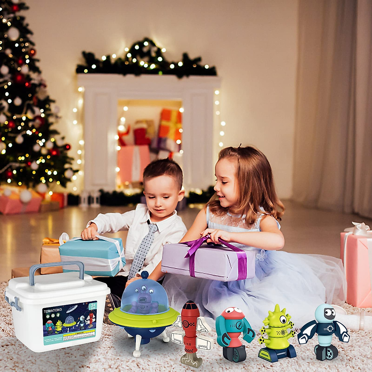 Magnetic Robot Walking Music Space Halloween Toy for Kids,36PCS Stacking Blocks Building Robot Monster and Electronic Moving UFO Toys,Thanksgiving Gift for Boys Girls Children