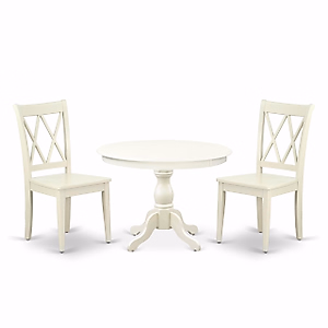East West Furniture HBCL3-LWH-W 3 Piece Dinette Set for Small Spaces Contains a Round Dining Table with Pedestal and 2 Dining Chairs, 42x42 Inch, Linen White