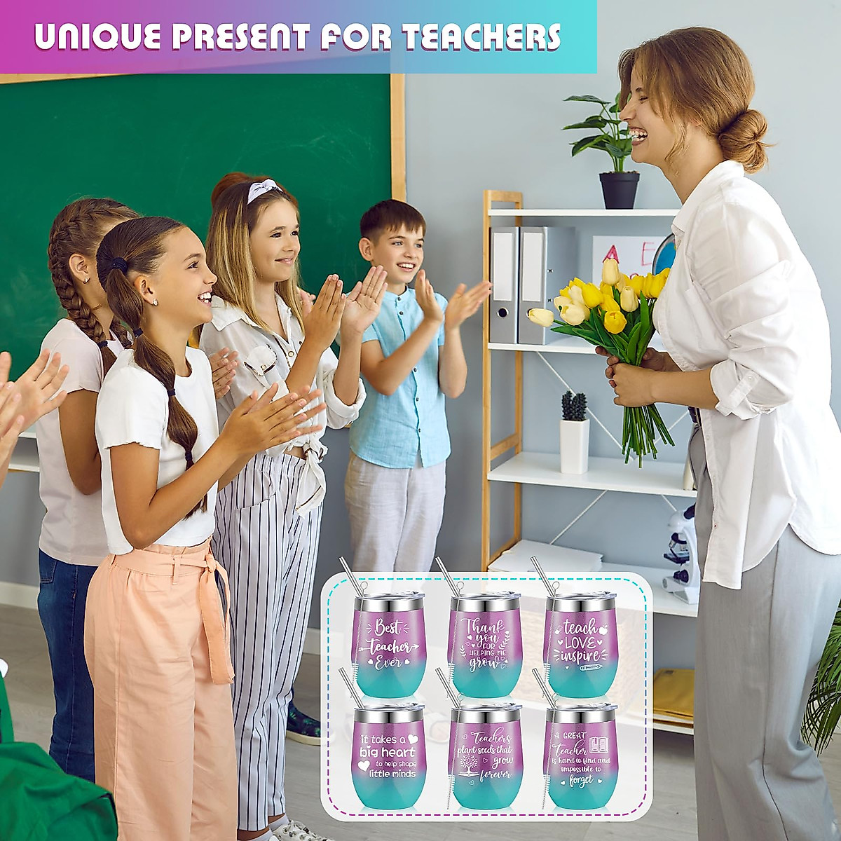 6 Pcs Thank You Teacher Gifts for Women Teacher Appreciation Gifts Stainless Steel Teacher Tumbler with Straw and Lid 12 oz Insulated Teacher Mug Birthday Gifts for Teacher(Gradient)