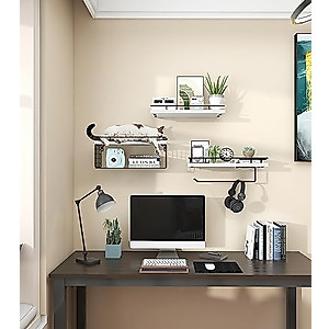 Mefirt Floating Shelves, 3+2 Tier Bathroom Shelves with Paper Towel Holder & Towel Bar, Wood Wall Décor Shelves Over Toilet with Wire Storage Basket & Guardrail, Farmhouse Floating Shelf - White