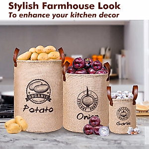 Kamehame Potato and Onion Storage Baskets Pack of 3, Lined Burlap Pantry Storage Bins for Potato Onion Garlic with Handles