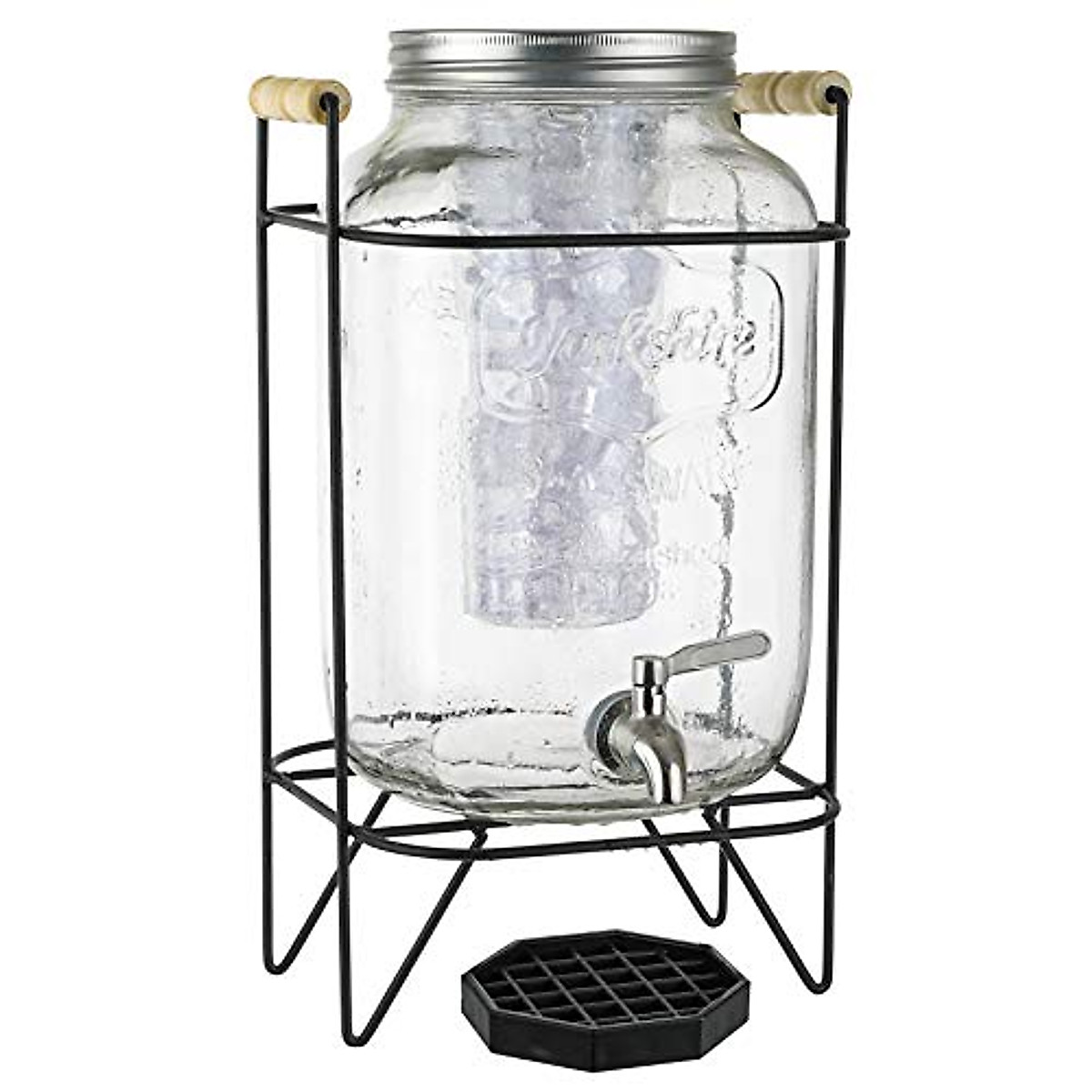 2 Gallon Glass Beverage Dispenser with Ice and Fruit Infusers, Metal Wire Stand with Wooden Handles, Drip Tray and Stainless Steel Spigot- Mason Drink Dispenser for Iced Tea, Kombucha, Infused Water