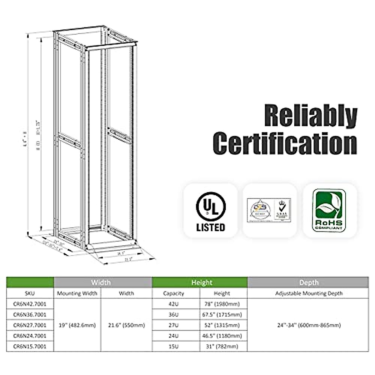 Raising Electronics Server Rack 4 Post Open Rack Frame Rack Enclosure 19 Inch Adjustable Depth Aluminum (27U,56Inch Height)