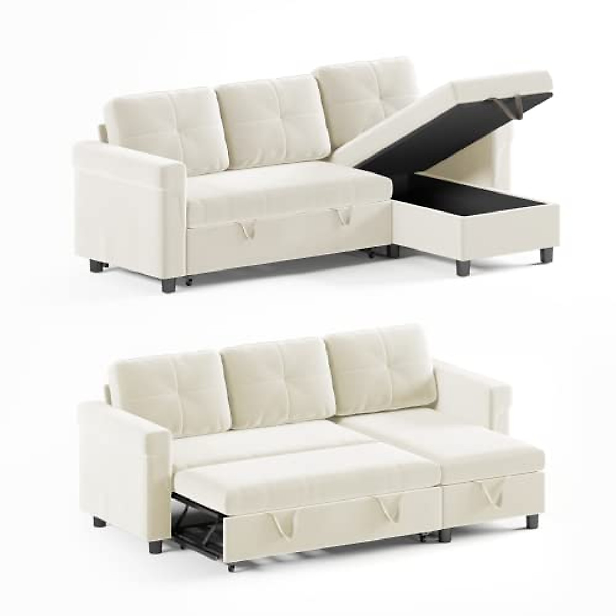 MUZZ Reversible Pull Out Sofa Couch, Sectional Sofa with Storage Chaise 3-Seat L-Shaped Sleeper Sofa, Ideal for Living Room, Apartment and Office etc. (Beige)