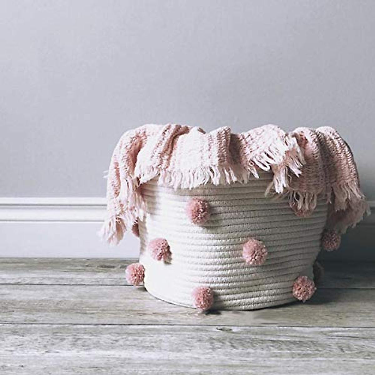 Camidy Cotton Rope Pom Storage Basket, Baby Photography Props Basket Toy Towel Blanket Storage Bin