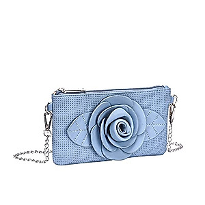 Mellow World Arina Vegan Leather Floral Decoration Crossbody Handbag with removable strap and wristlet Blue