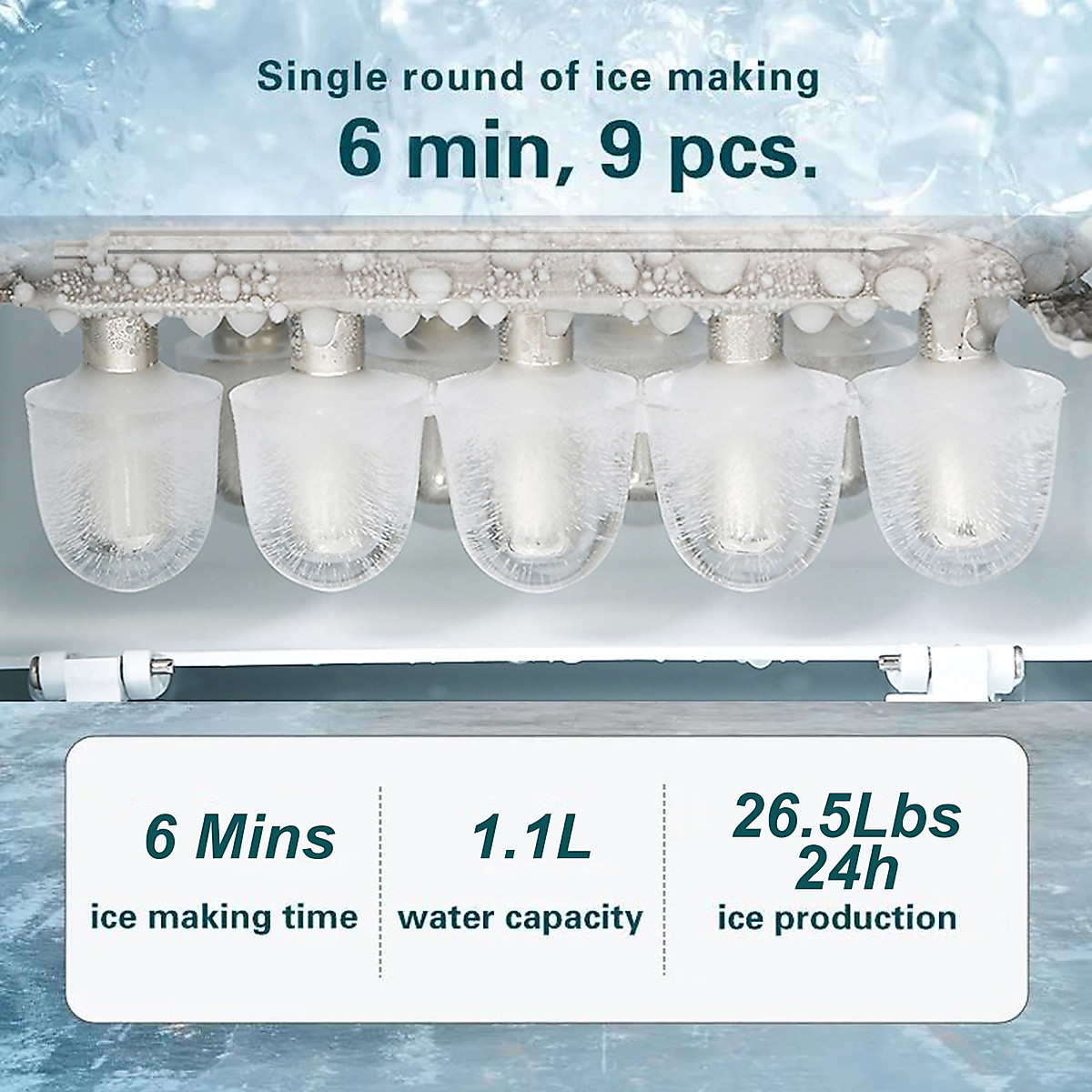 Countertop Ice Maker Machine - 6 Mins 9 Bullet Ice, 26.5lbs/24Hrs, Portable With Self-Cleaning, Scoop, and Basket (Black)