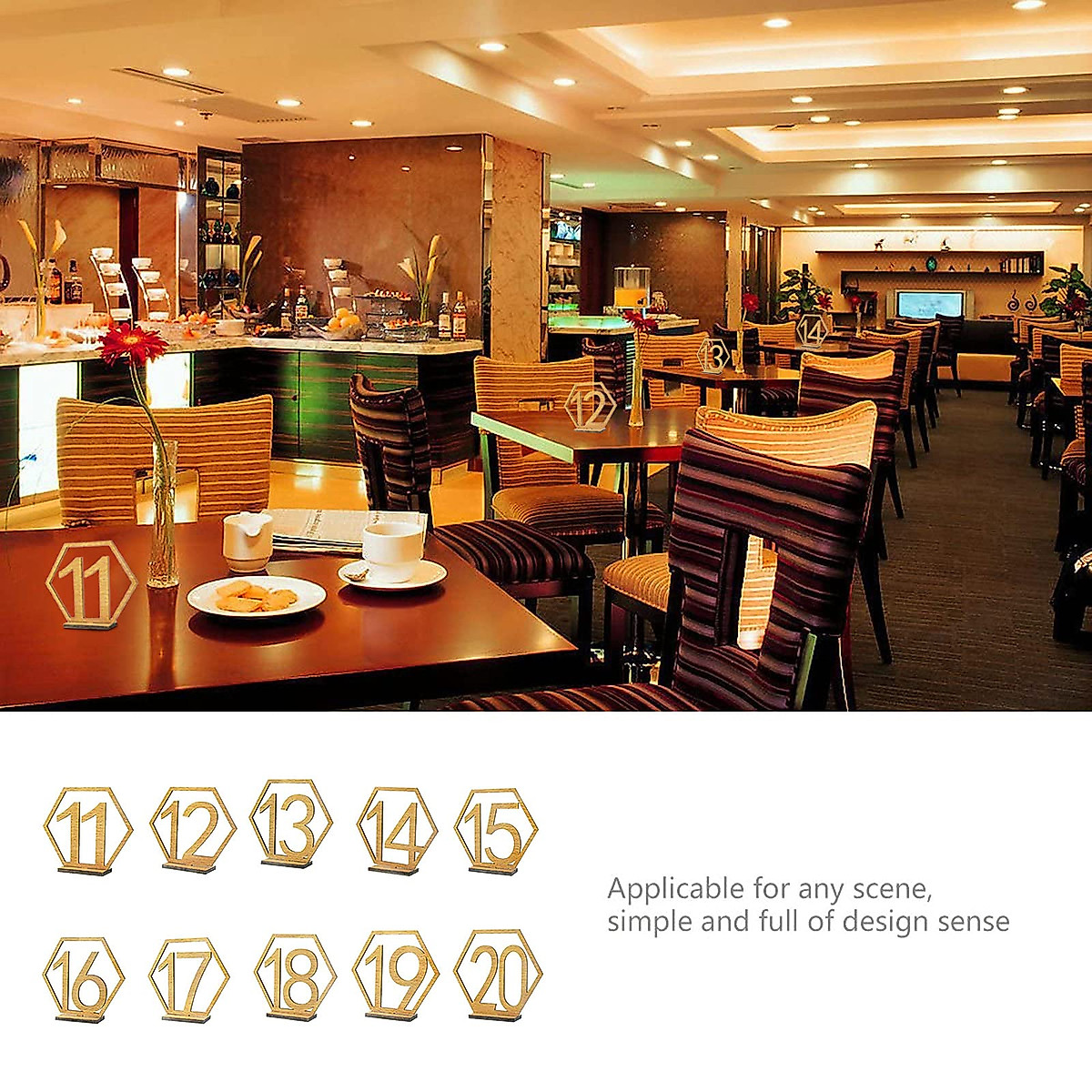 SUNFECILI 10 Pcs Wooden Table Numbers, Hexagon Hollow Out Table Number,Wedding Place Cards, Wood Numbers Place Cards with Holder Base Standing Wood Wedding Decorations, Gold(1-10)