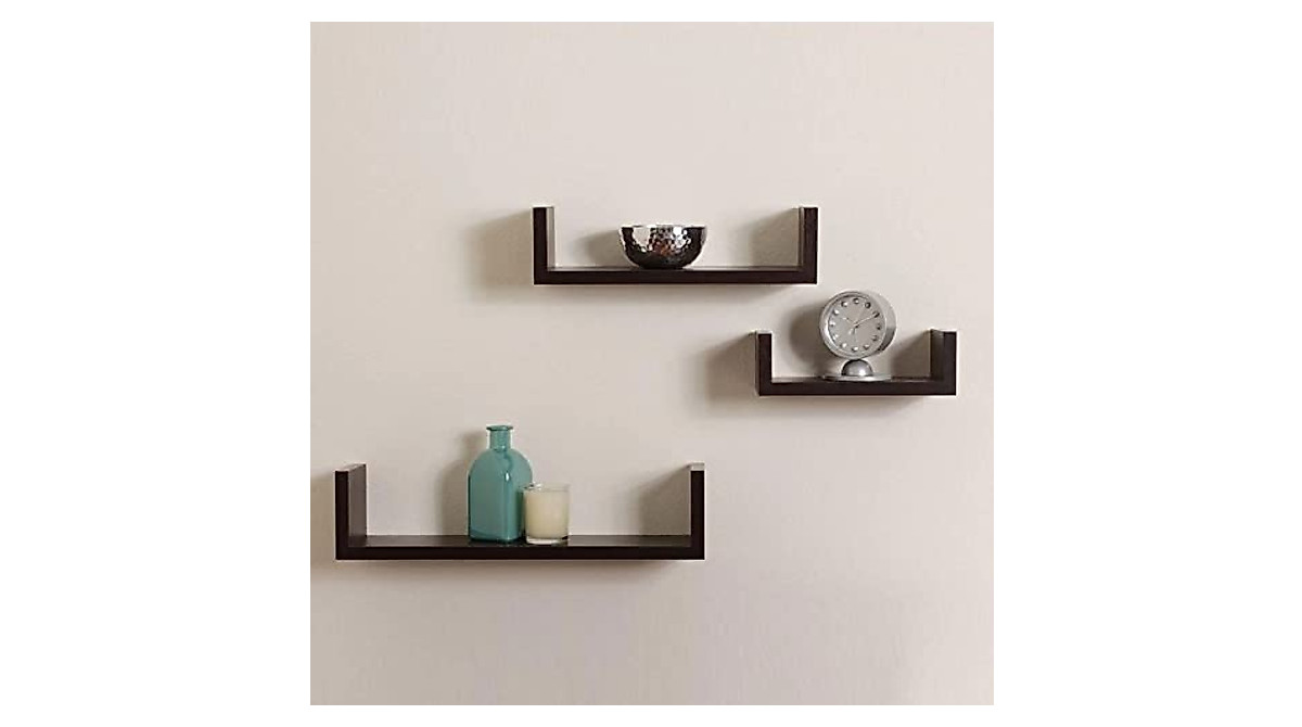 Danya B Walnut Floating U Shelves Set for Modern Wall Decor
