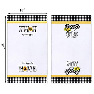 Buffalo Plaid Sunflowers Kitchen Dish Towel 18 x 28 Inch Set of 2, Seasonal Spring Summer Sunflower Trucks Tea Towels Dish Cloth for Cooking Baking