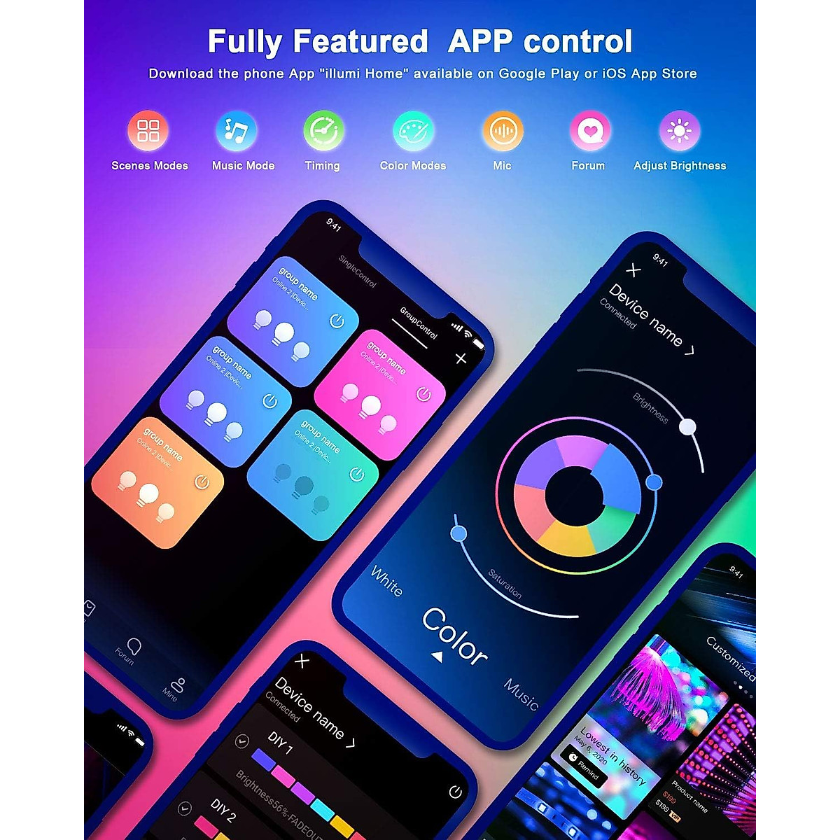 Nexillumi 65.6Ft LED Strip Lights Music Sync Color Changing RGB LED Strip 44-Key Remote, Sensitive Built-in Mic, App Controlled LED Lights Rope Lights, 5050 RGB LED Light Strip(APP+Remote+Mic)