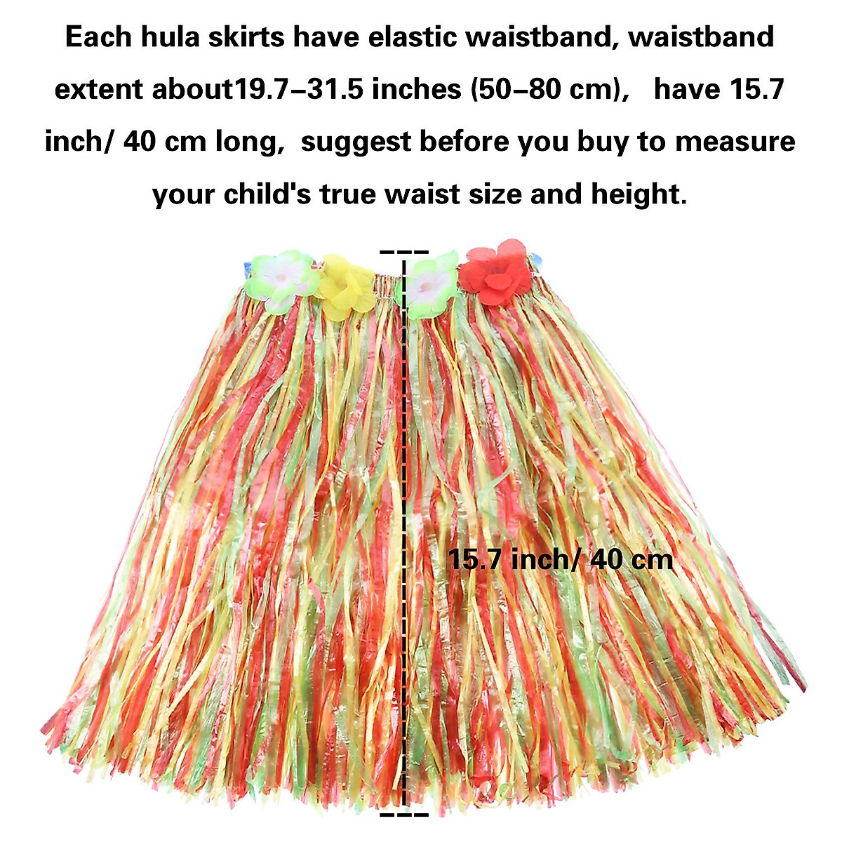 Gejoy 7 Pcs Hawaiian Luau Hula Grass Skirt with Flower Costume Set Flower Bracelet Headband Necklace Hibiscus Hair Clip Women(Red Yellow Green)