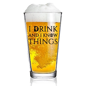 I Drink And I Know Things Beer and Wine Glass Set- Cool Present Idea for Bridal Shower, Wedding, Engagement, Anniversary and Couples - Him, Her, Mr. Mrs. Mom Dad