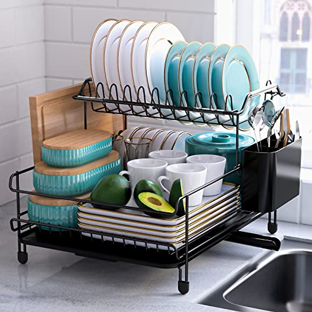 Kitsure Dish Drying Rack - Large-Capacity Dish Rack for Kitchen Counter, Rust-Proof Dish Drainer, 2-Tier Kitchen Dish Drying Rack for Dishes, Knives, Spoons, and Forks