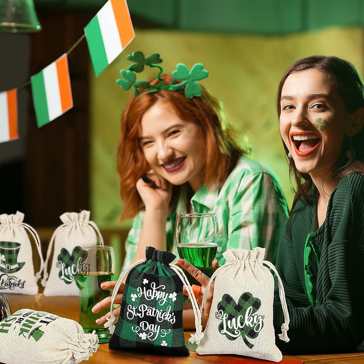 24 Pieces St. Patricks Linen Burlap Bag, Shamrock Burlap Gift Bags, St. Patrick's Small Burlap Bags, Irish Green Jute Drawstrings Candy Pouch, Happy Shamrock Treat Bags (7 x 5 Inch)