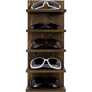 MyGift 5 Tier Rustic Burnt Solid Wood Sunglasses Holder Rack, Wall Mounted Eye Glasses Shelf or Tabletop Display Stand, Retail Eyewear Showcase Storage Organizer