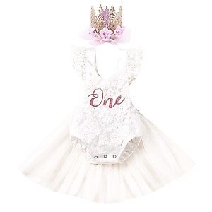 Baby Girl First Birthday Outfit Ruffle Short Sleeve Floral Lace Romper Tulle Dress Backless Jumpsuit Lace Romper Tutu Dress+ Baby Flower Crown Cake Smash Party Outfits Photo Shoot White 12-18 Months