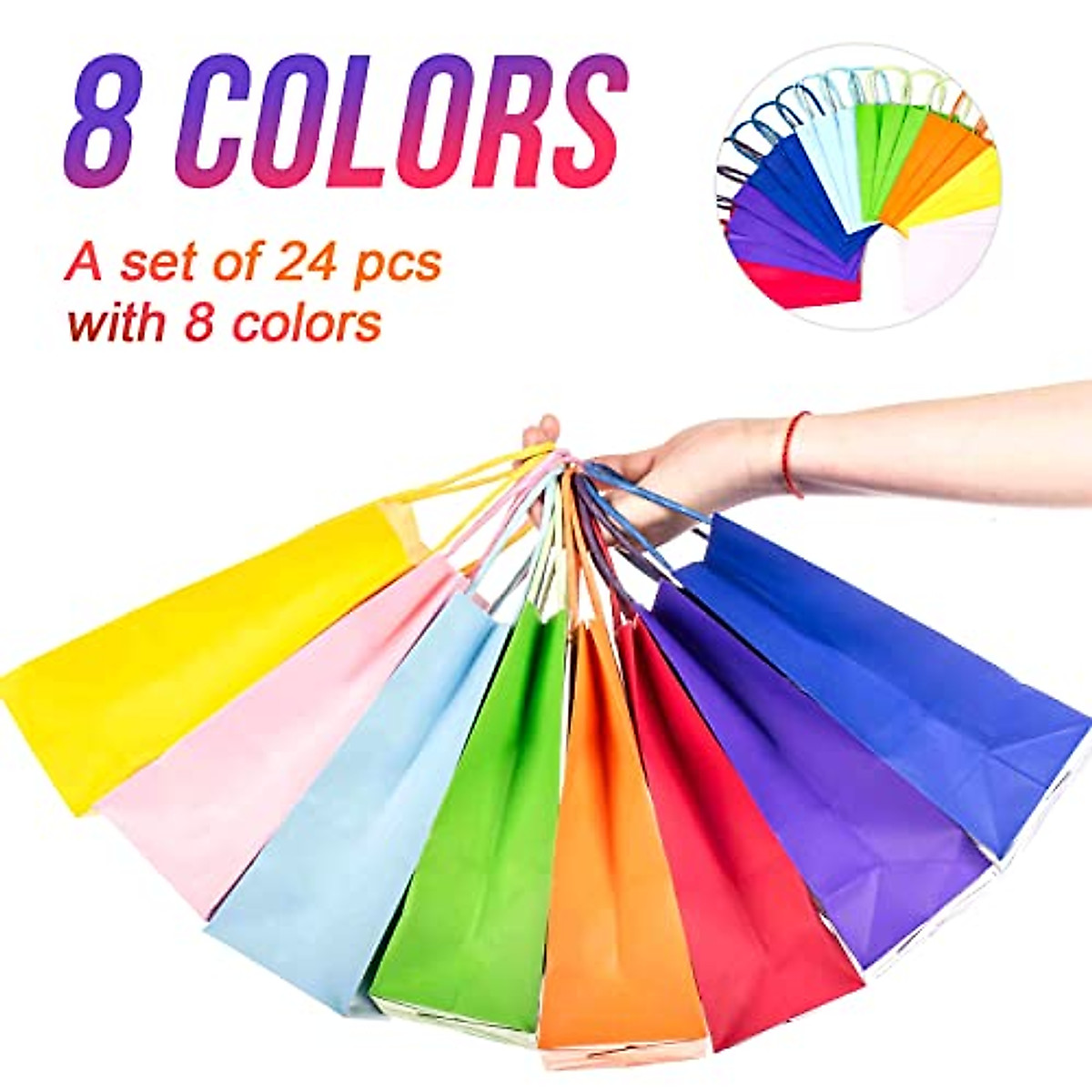 Florskoye Gift Bags 24 Pieces Kraft Paper Party Favor Bags with Handles, 8 Colors Rainbow Goodie Bags Candy Bags Bulk for Kids Birthday, Baby Shower, Christmas, Parties, Wedding (Mini Gift Bags 4.3 x 2.3 x 6.2 Inch)