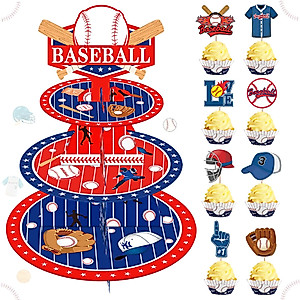 25 PCs Baseball Cupcake Stand 3-Tier and Baseball Cupcake Topper Set, Fiesec Baseball Theme Sports Ball Party Supplies Cardboard Dessert Tower Holder Round Serving Stand Holder