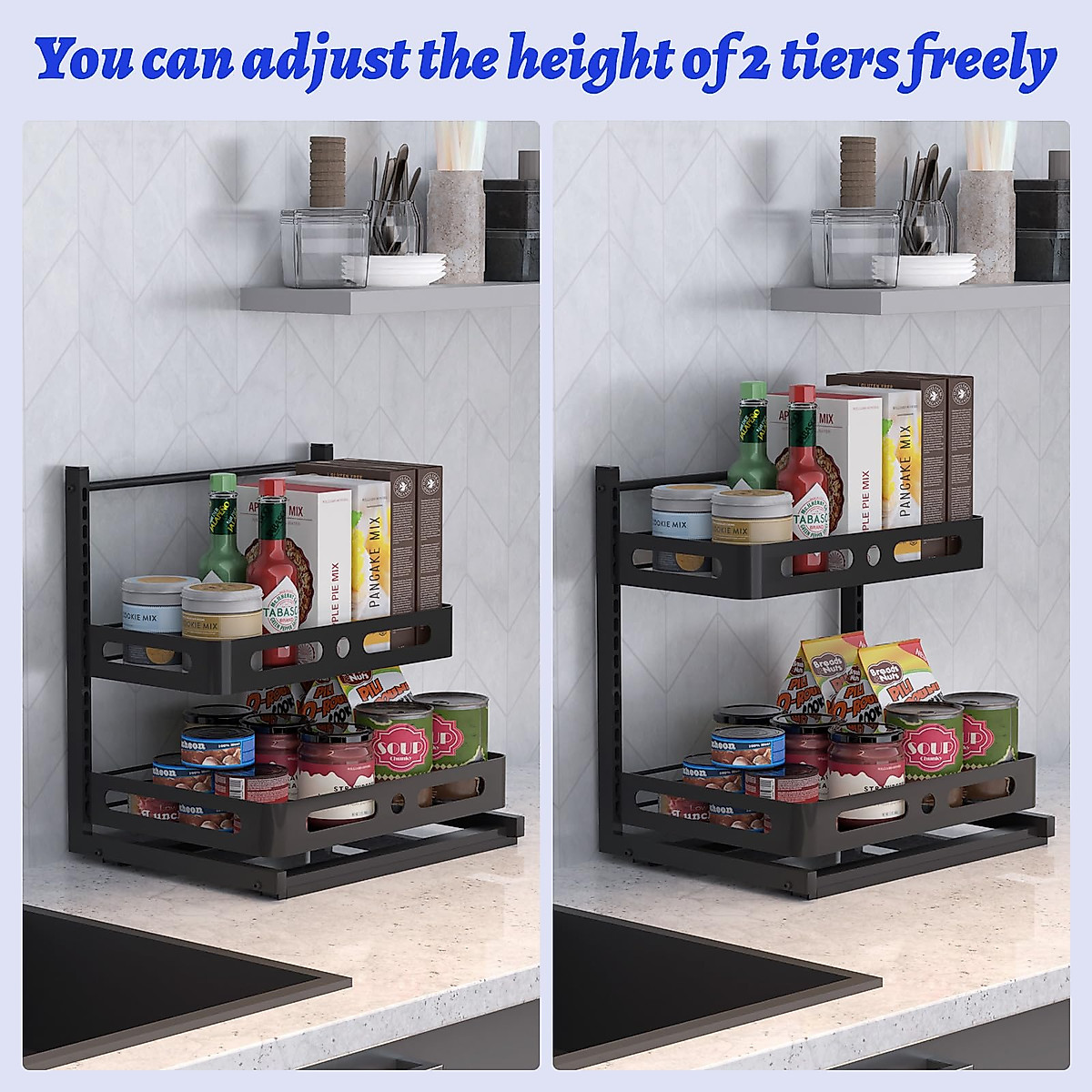 WASUMI Under Sink Organizers, Metal Sliding Cabinet Basket and Storage Organizer 2 Tier Pull Out Cabinet Organizer for Kitchen Bathroom, Large Capacity, Black