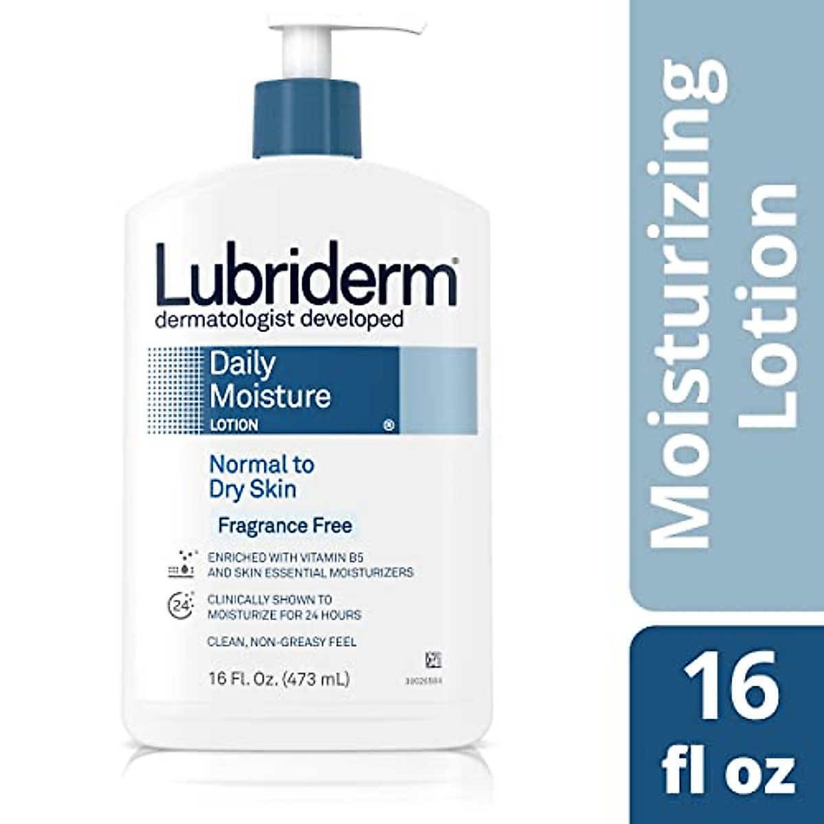 Lubriderm Daily Moisture Hydrating Unscented Body Lotion with Pro-Vitamin B5 for Normal-to-Dry Skin for Healthy-Looking Skin, Non-Greasy and Fragrance-Free Lotion, 16 fl. oz