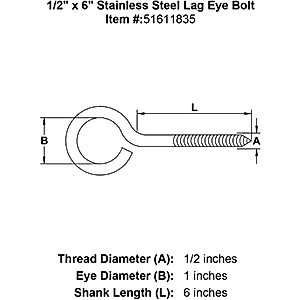 1/2" x 6" Stainless Steel Screw Eye - Heavy-Duty Lag Screws for Secure Installations, DIY Projects, Hanging and Anchoring