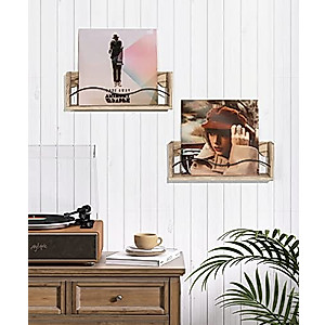 Sapowerntus Wood Book Shelves Wall Mounted, Rustic Nursery Magazine Holder Organizer Vinyl Record Rack with Curve Rail Wave Design, Wall Bookshelf Home Room Office Decor, Set of 2