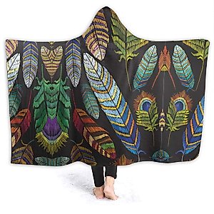 321DESIGN Bird Feather Wearable Blanket Fleece Hooded Robe Cloak Throw Quilt Poncho Microfiber Sherpa Plush Warm Wrap Multiple-Size Cape Adult Size 80 x 60 Inch