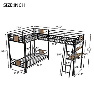 Eafurn Metal Triple Bunk Beds with Desk,Heavy Dust L-Shaped Metal Bunk Bed with Storage Shelf, Twin Over Twin Bunk Bed with A Twin Loft Bed Attached, 3 Bed Bunk Beds for Kids Teens