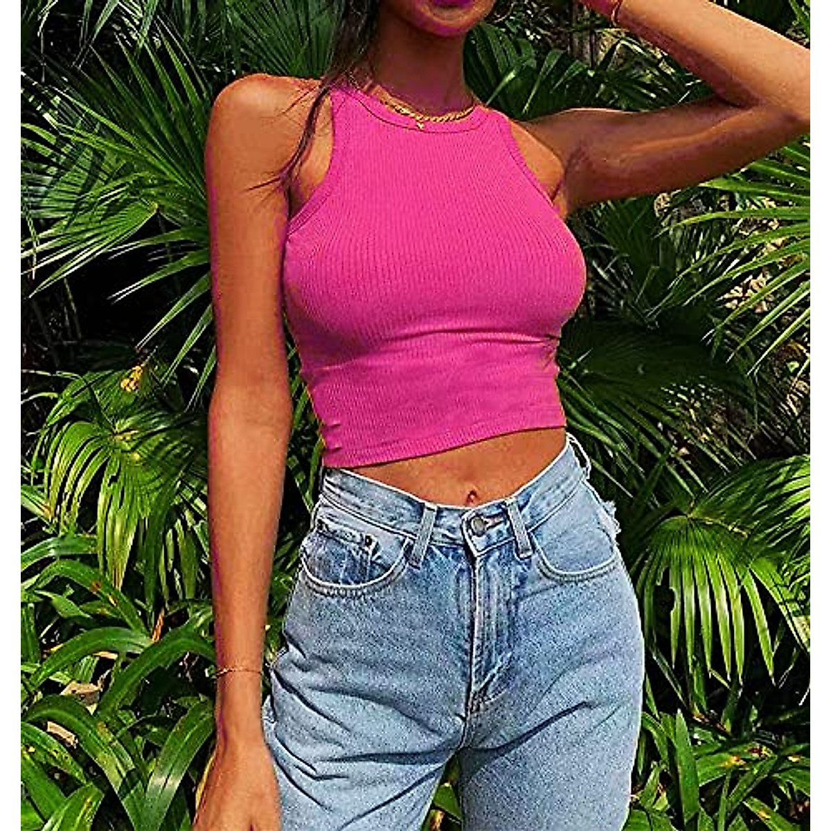 Artfish Women Casual Basic Sleeveless High Neck Ribbed Knit Racerback Crop Tank Top Cropped Neon Hot Pink S Valentines Day Going Out