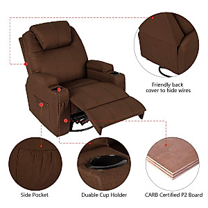 YODOLLA Massage Recliner Chair Heated Rocker Recliner Living Room Chair Home Theater Lounge Seat with Cup Holder, Dark Brown