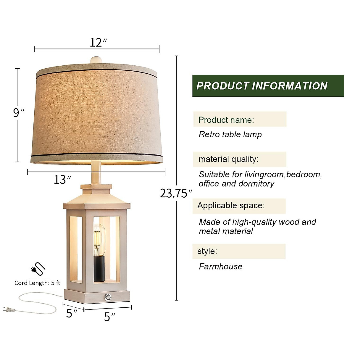 G-SAFAVA 23.75" Retro Farmhouse USB C+A Ports Table Lamp Set of 2 with 3 Way Dimmable Touch Control White Nightlight Vintage Modern Lamp for Living Room Bedroom with 2 Light Sources