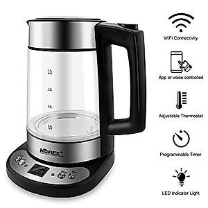Korex Smart Electric Water Kettle Glass Heater Boiler Suitable for WIFI APP Alexa Google Home Assistant 1.7 L Great for Coffee Tea Milk With Overheat Protection Temperature Control